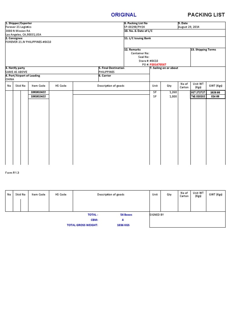 Sample Packing List | PDF | Water Transport | Shipping