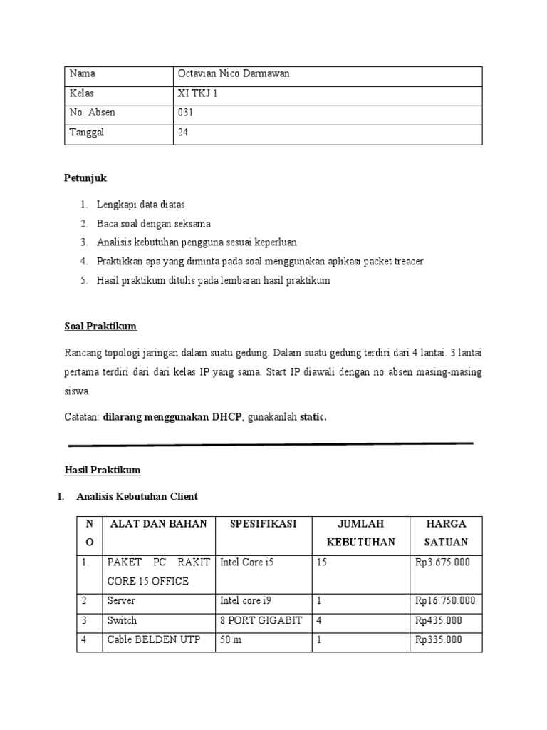 Nico LK 1 - Pembuatan Simulasi Jaringan Client Server 1 Gedung 4 Lantai-1 | PDF