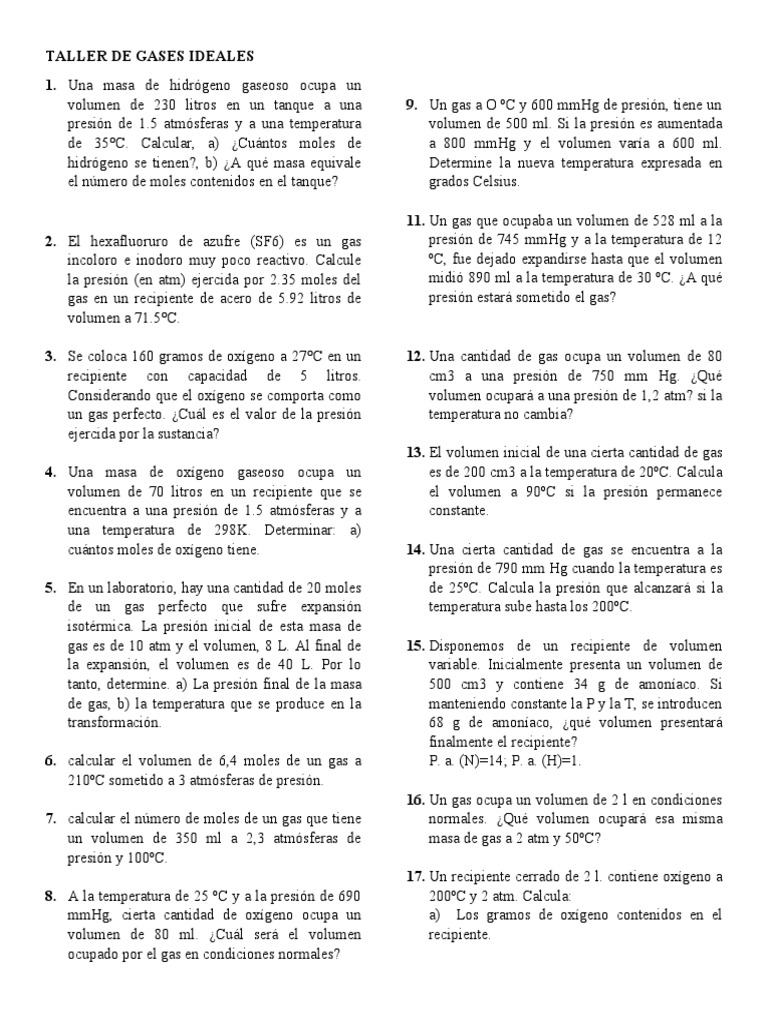 Taller de Gases Ideales | PDF | Gases | Presión