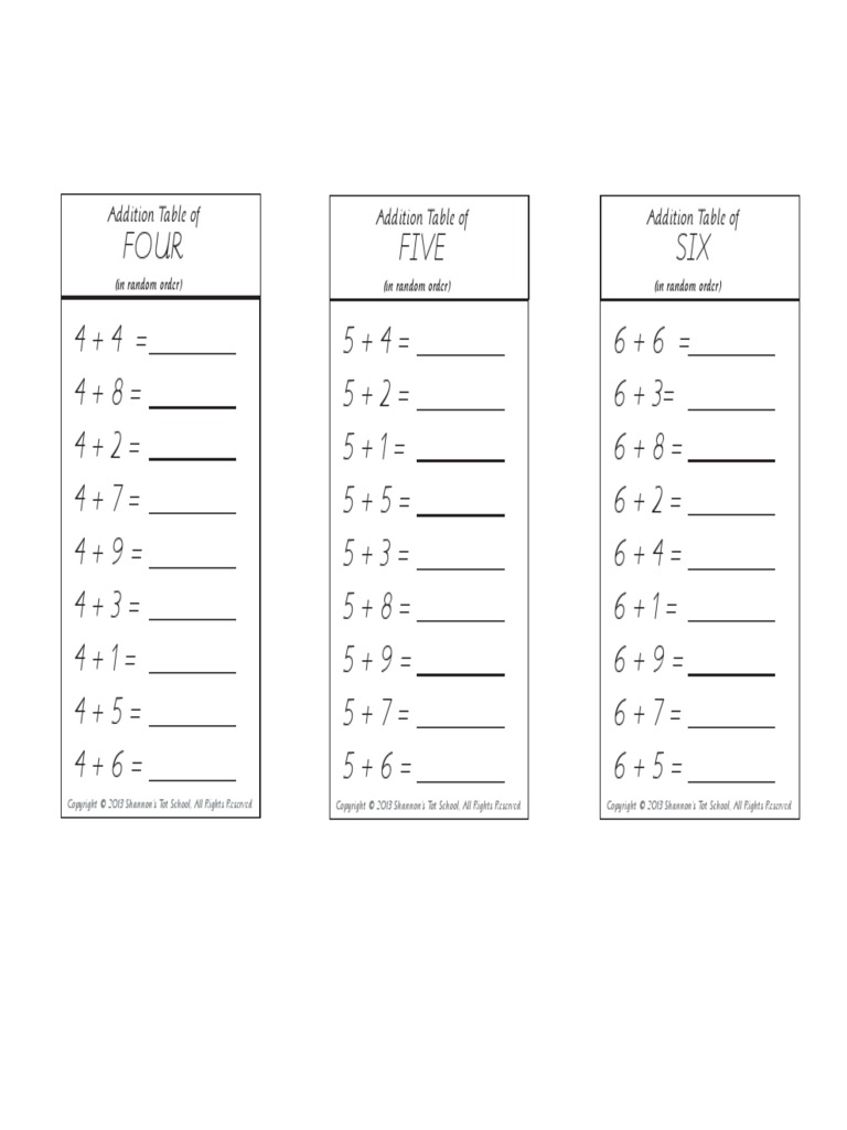 Addition Tables Booklet Random Order 4 6 | PDF