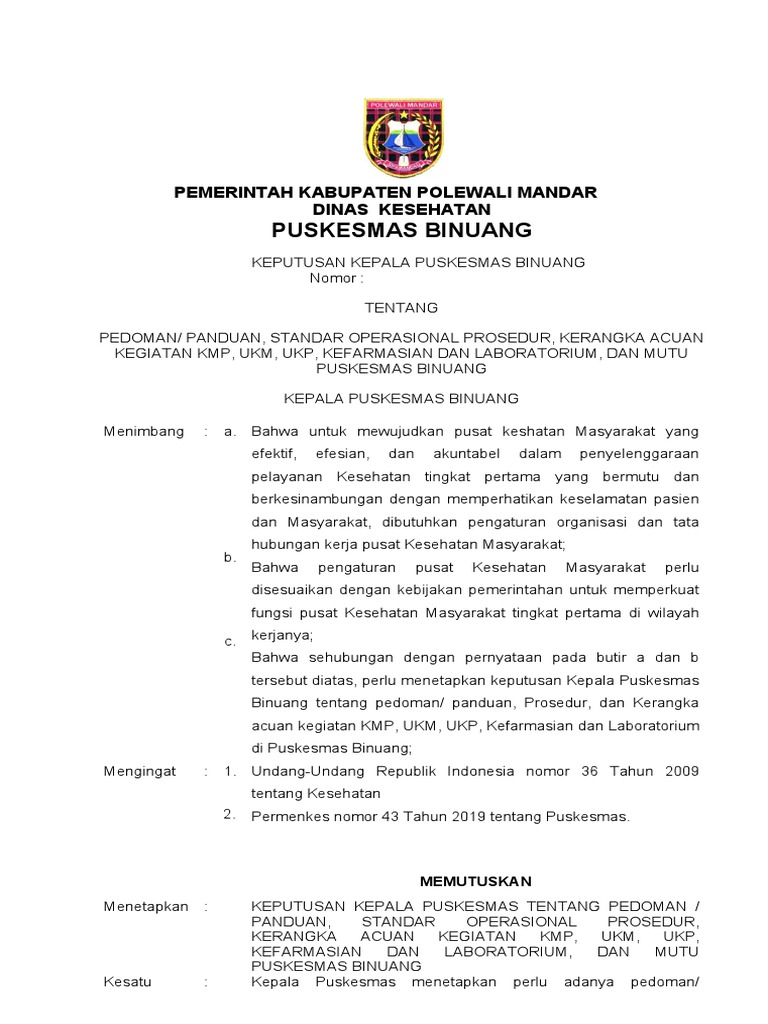 SK Pedoman Panduan, Standar Operasional Prosedur, Kerangka Acuan Kegiatan KMP, Ukm, Ukp ...