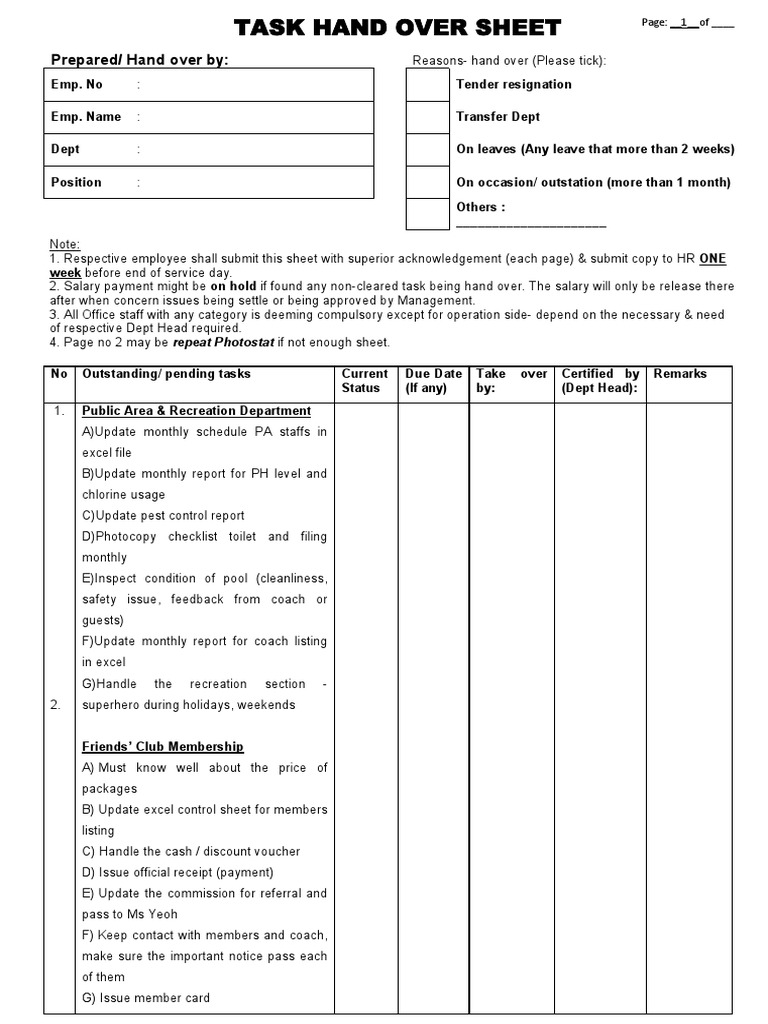 Task Handover Sheet | PDF | Business