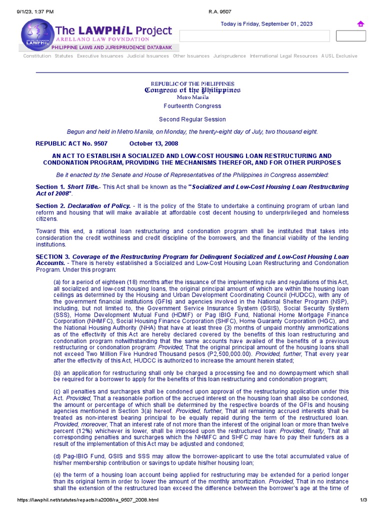 R.A. 9507 | PDF | Loans | Mortgage Loan