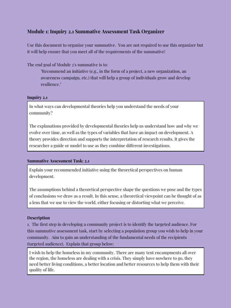 M2 I2.1 Summative Assessment Task Organizer | PDF