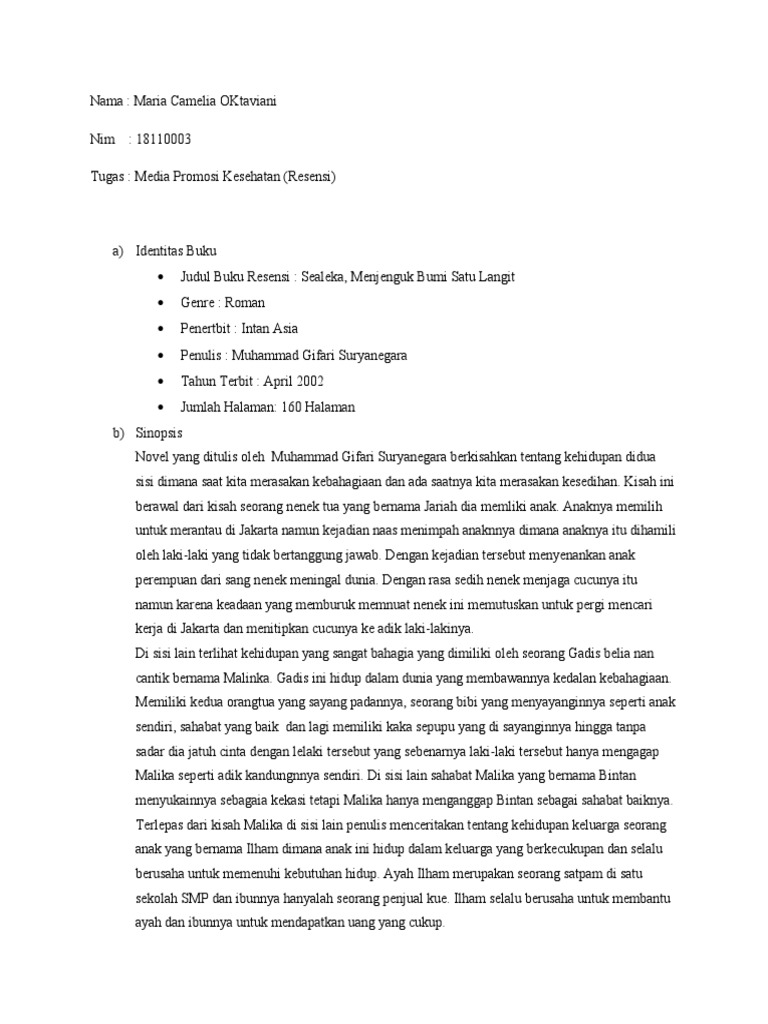 Resensi Novel "Sealeka" oleh Maria Camelia | PDF