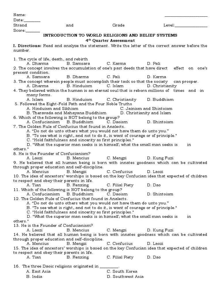 Religion Exam 4th Quarter | PDF