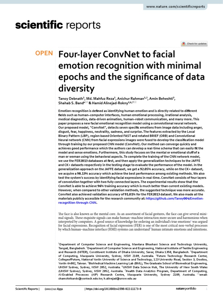 Four Layer Convnet To Facial Emotion Recognition With Minimal Epochs Pdf Deep Learning 