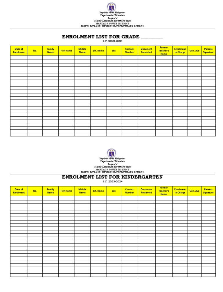 Enrolment List for Kindergarten 2023-2024 | PDF