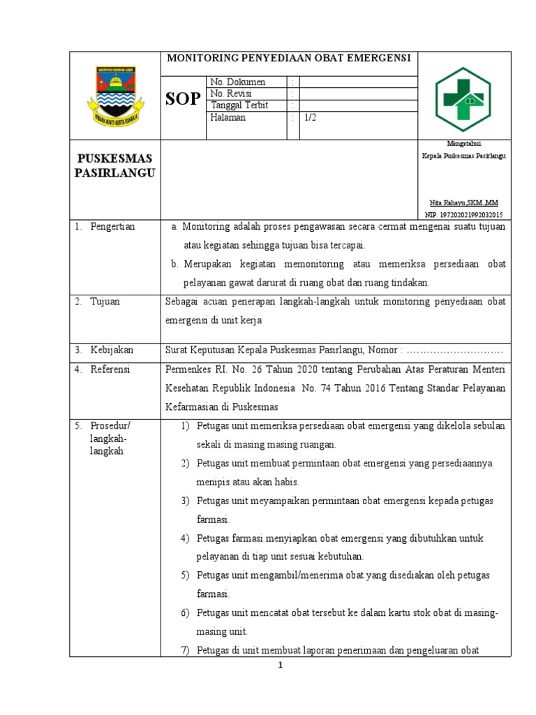 77.SOP Monitoring Penyediaan Obat Emergensi Di Unit Kerja | PDF