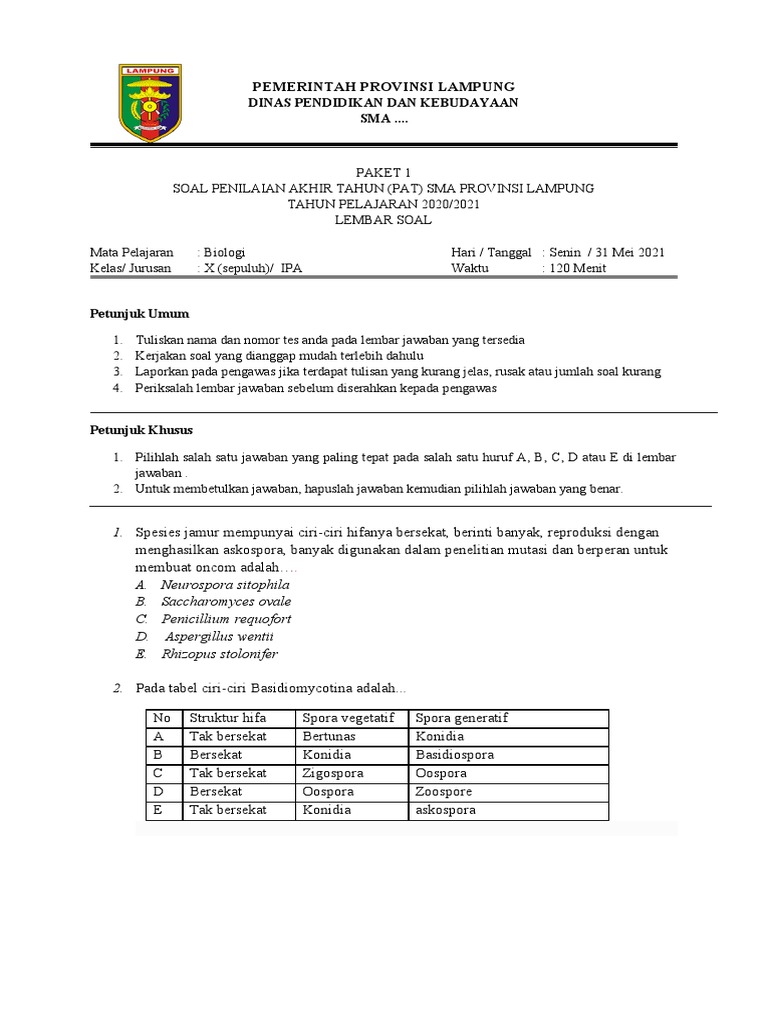 9 Soal Pat 2021 - Biologi - Kelas X - Paket 1 | PDF