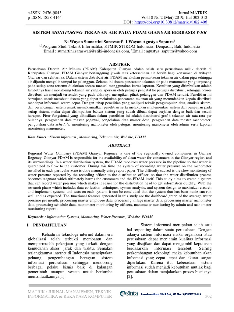 Sistem Monitoring Tekanan Air PDAM Kab. Gianyar Berbasis Web | PDF