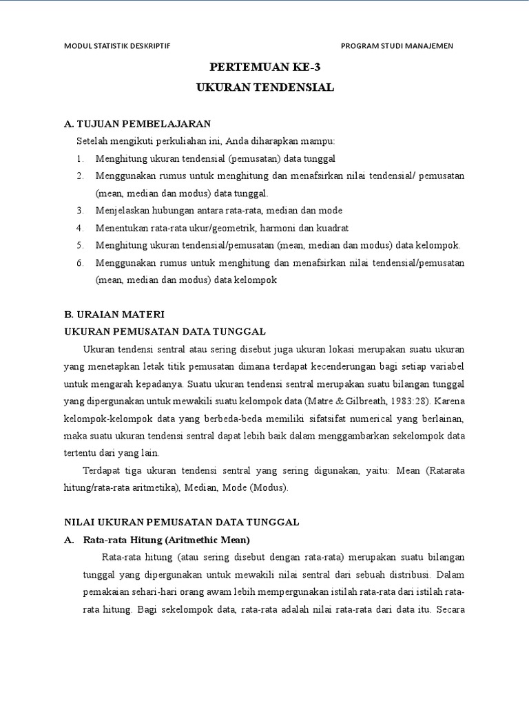 Pertemuan 3 - Ukuran Tendensial | PDF | Metode & Bahan Ajar | Sains & Matematika