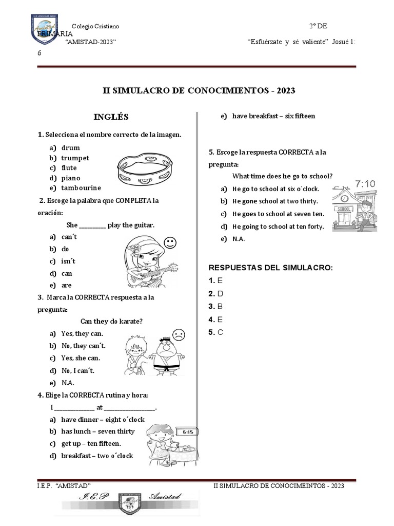 Formato de Simulacro - Inglés - 2do Primaria | PDF