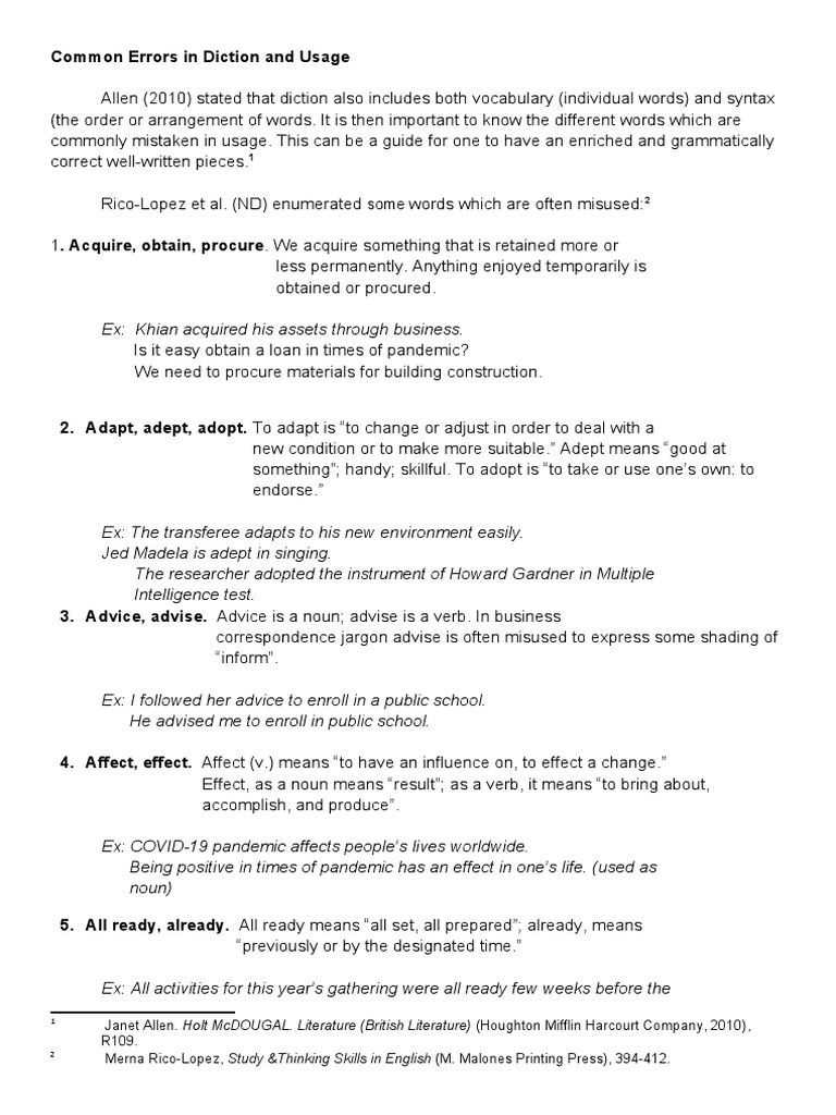 Common Errors in Diction and Usage | PDF | Verb | Language Mechanics