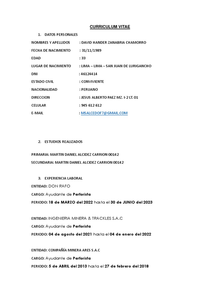 CURRICULUM VITAE - david hander zanabria chamorro | PDF