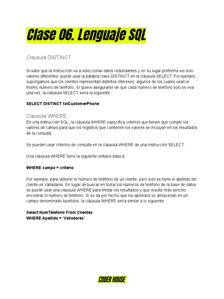 Clase 06 - Lenguaje SQL | PDF | SQL | Informática