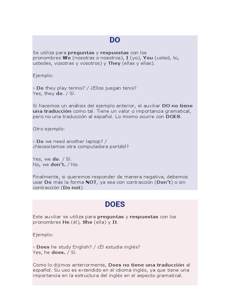 Verbos Auxiliares Do Does Did y Usos | PDF | Gramática | Lingüística