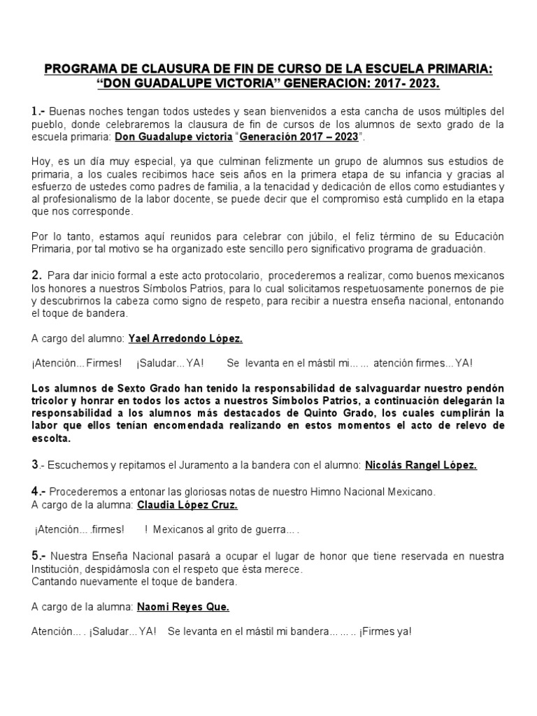 Programa de Clausura de Fin de Curso de La Escuela Primari1 | PDF