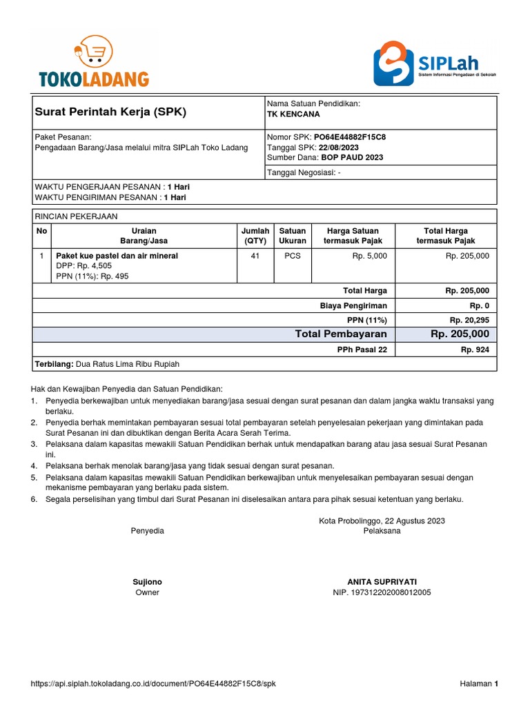 Contoh Surat Perintah Kerja SPK | PDF