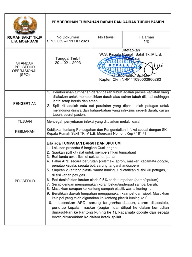 Spo Pembersihan Darah Dan Tumpahan Cairan Tubuh | PDF | Sains & Matematika