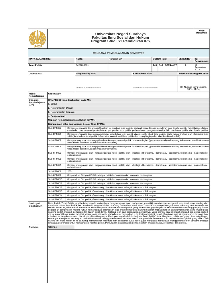 RPS Teori Politik | PDF