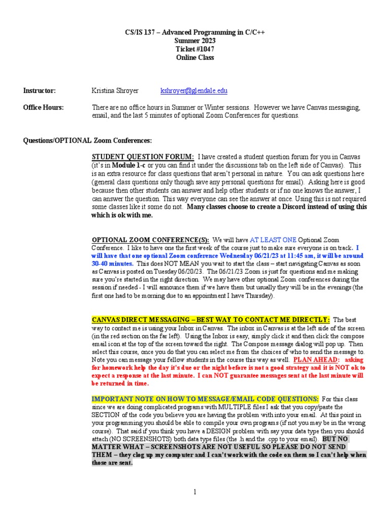 Csis 137 Syllabus Summer 2023 Pdf Class Computer Programming Object Computer Science 0731