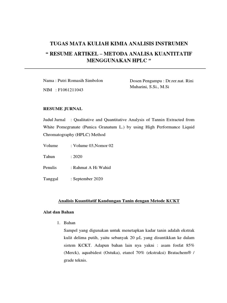 Putri Romasih Simbolon - A1 - F1061211043 - Resume Jurnal Metoda HPLC | PDF
