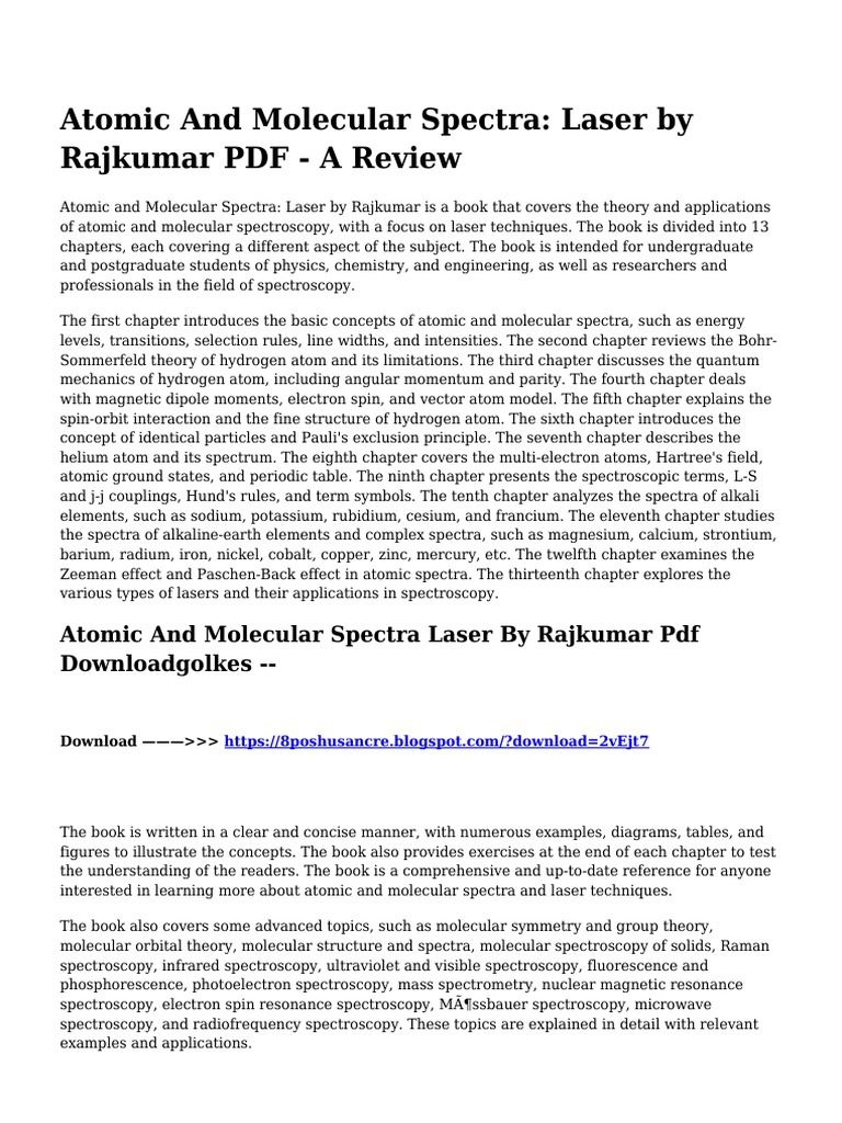 Atomic and Molecular Spectra: Laser by Rajkumar PDF - A Review | PDF ...
