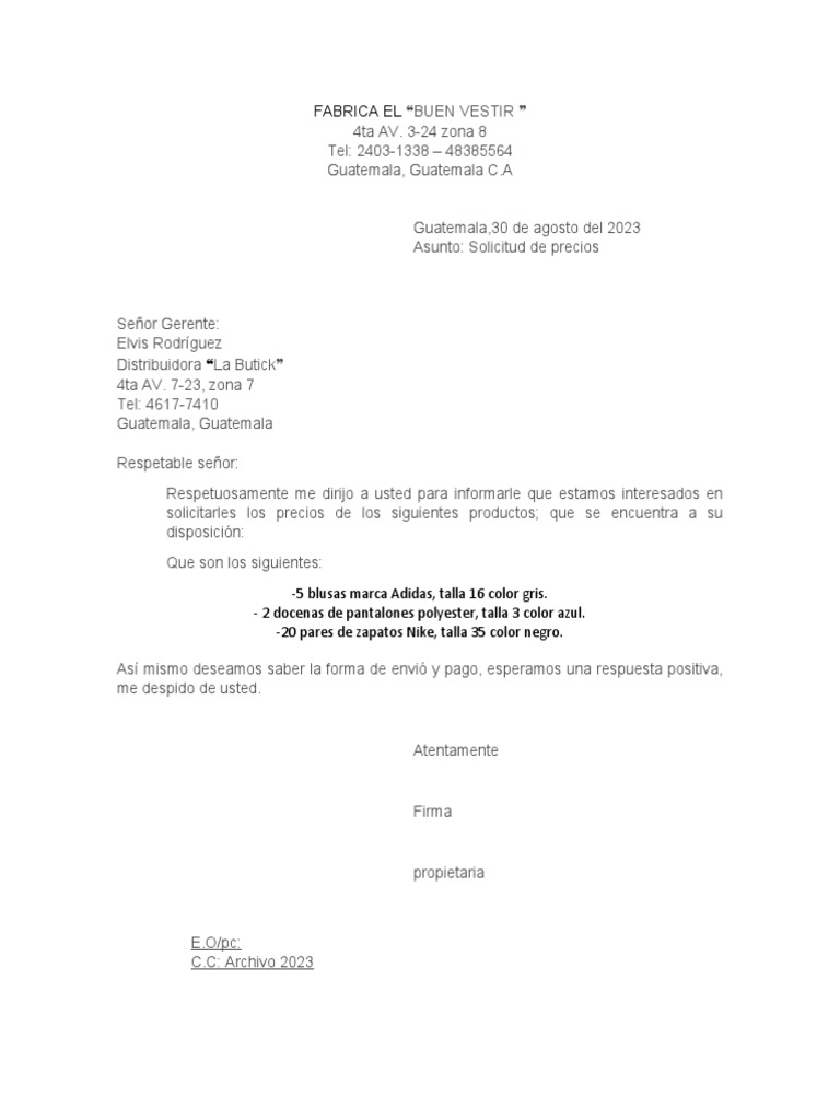 Carta de Solicitud de Precios | PDF