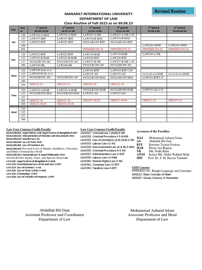 Revised Class Routine Fall-2023 As On 09.8.23 | PDF | Justice | Crime & Violence
