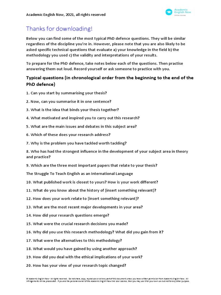 Typical PHD Defence Questions | PDF | Thesis | Methodology