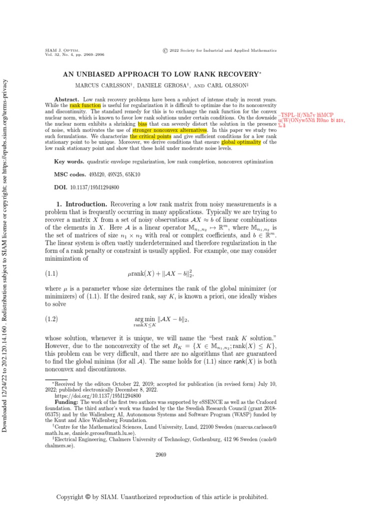 An Unbiased Approach To Low Rank Recovery | PDF | Mathematical ...