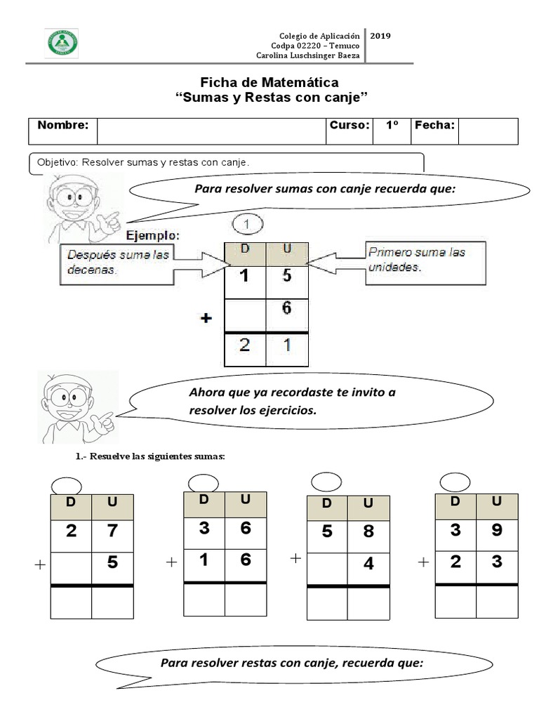 Sumas y Restas con Canje para 1º Grado | PDF