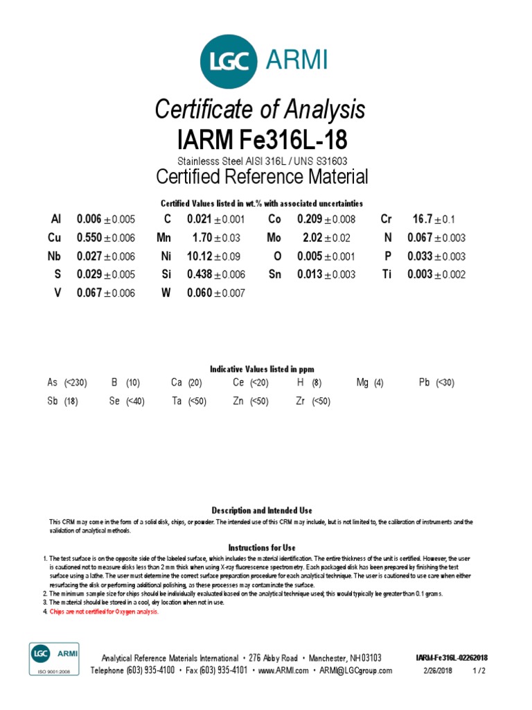 IARM Fe316L 18 Certificate | PDF