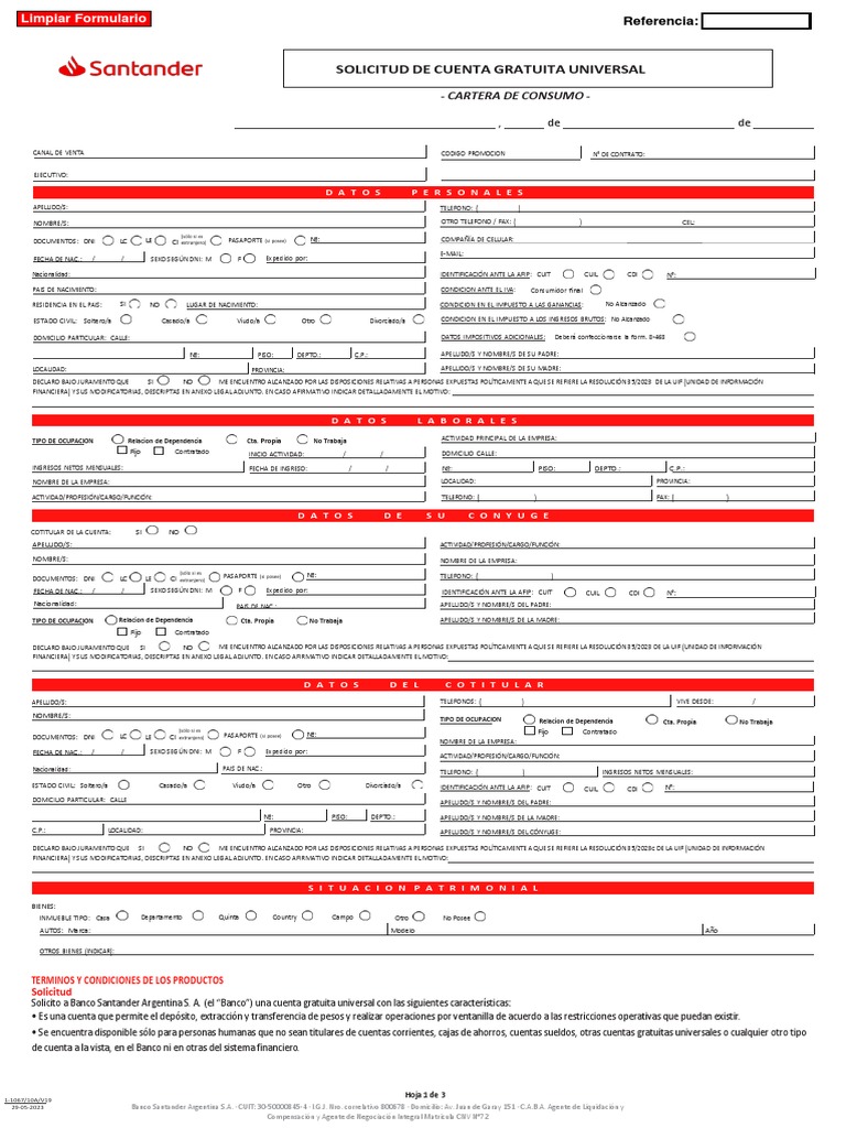 Solicitud de Cuenta Gratuita Santander | PDF | Bancos | Tarjeta de débito