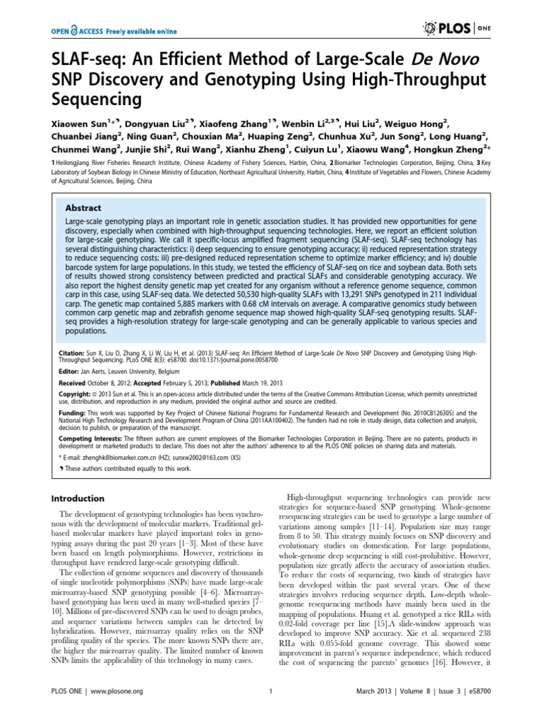 2013 SLAF-seq - An Efficient Method of Large-Scale de Novo SNP Discovery and Genotyping Using ...