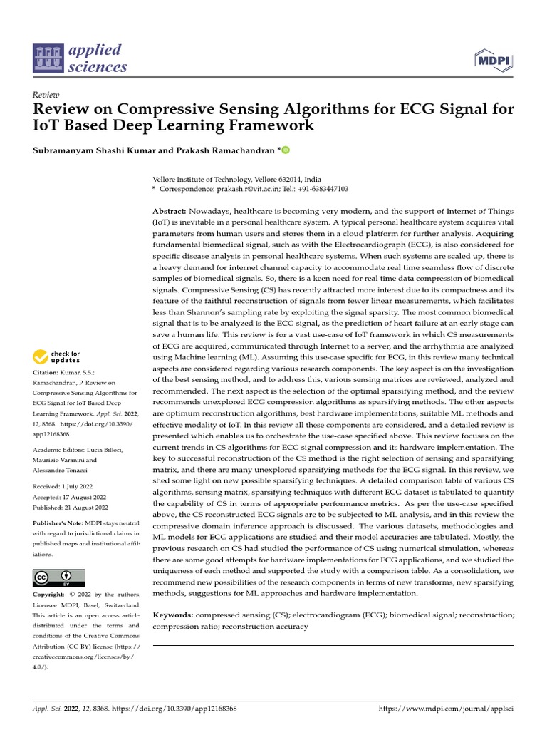 Review On Compressive Sensing Algorithms For Ecg Signal Pdf Internet Of Things Computer