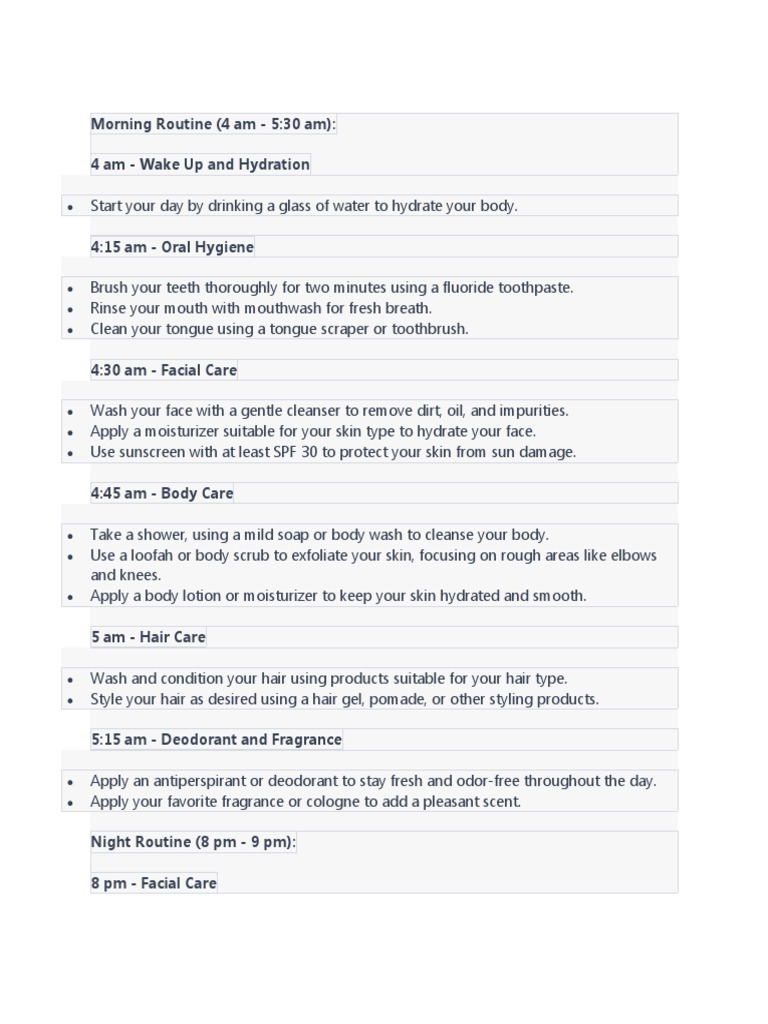 Daily Routine For Personal Care | PDF | Cooking, Food & Wine