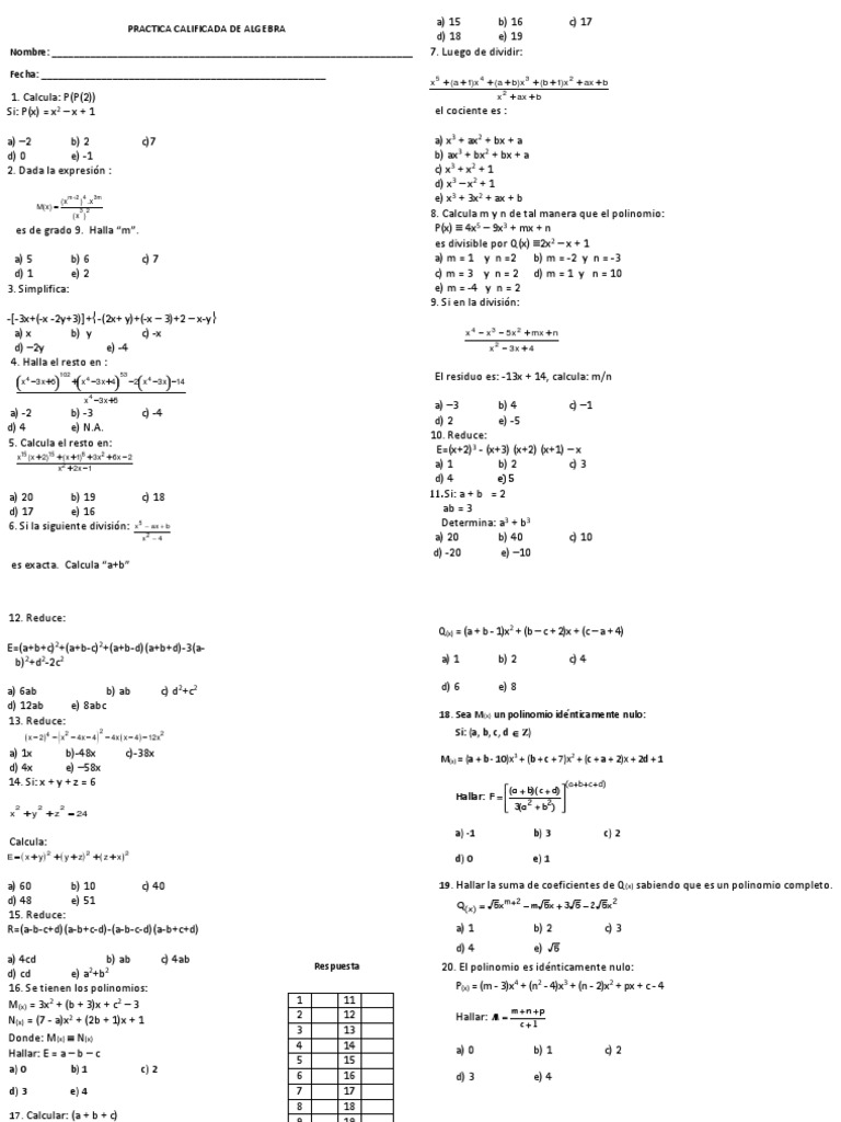 Practica Calificada de Algebra | PDF | Matemáticas | Álgebra abstracta