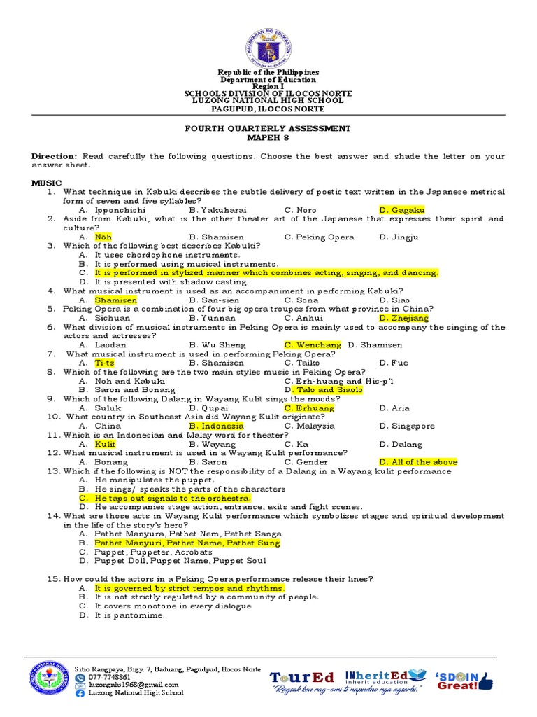 Q4 Mapeh 8 TQ | PDF | Smoking | Theatre