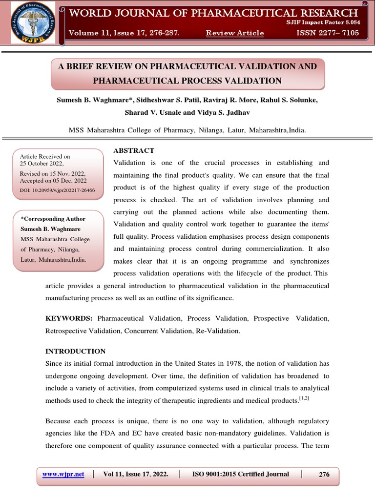 A Brief Review On Pharmaceutical Validation and Pharmaceutical Process Validation | PDF ...
