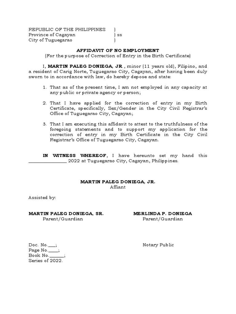 Affidavit of No Employment for Birth Certificate Correction | PDF