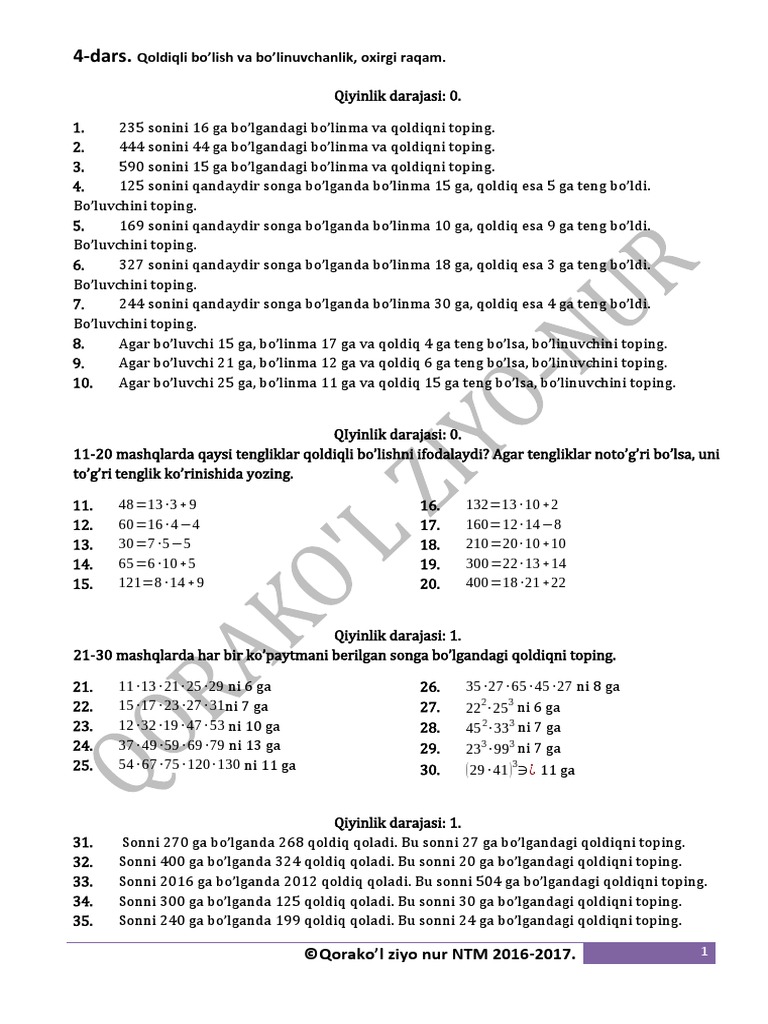 004 4 Dars Qoldiqli Bo'Lish Va Oxirgi Raqam Копия | PDF
