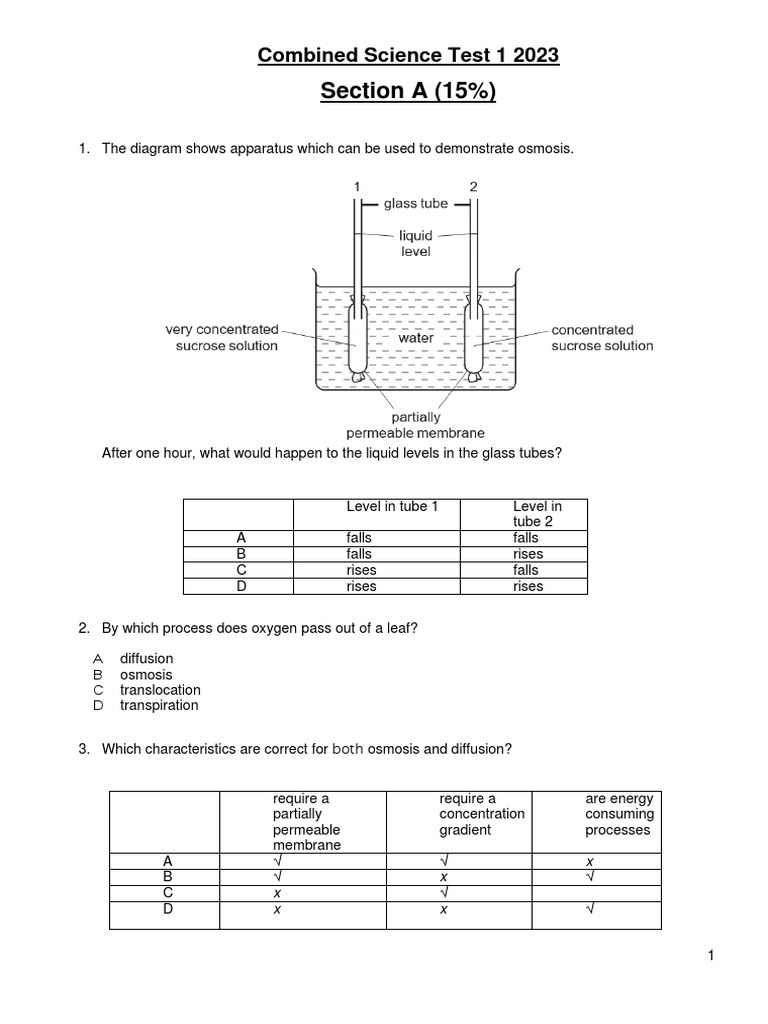 Combined Science Test 1: Osmosis & Enzymes | PDF