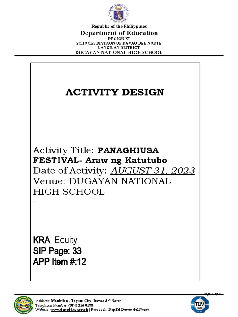 Activity Design Panghiusa Festival Araw NG Katutubo | PDF