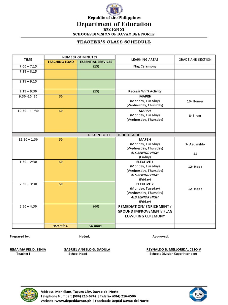 Teachers Class Schedule Senia | PDF | Philippines