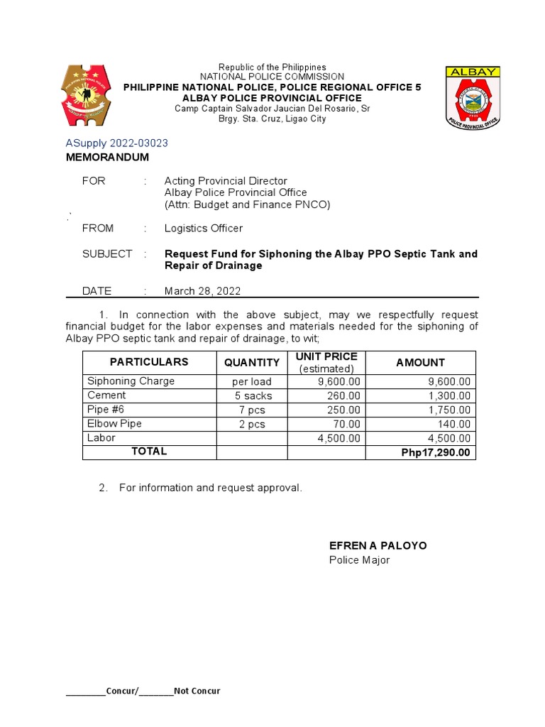 Request Fund For Siphoning The Septic Tank and Repair of Drainage | PDF