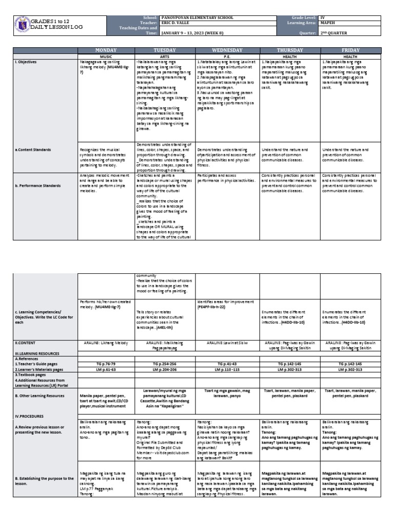 DLL - Mapeh 4 - Q2 - W8 | PDF