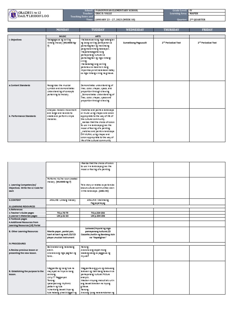 DLL - Mapeh 4 - Q2 - W10 | PDF