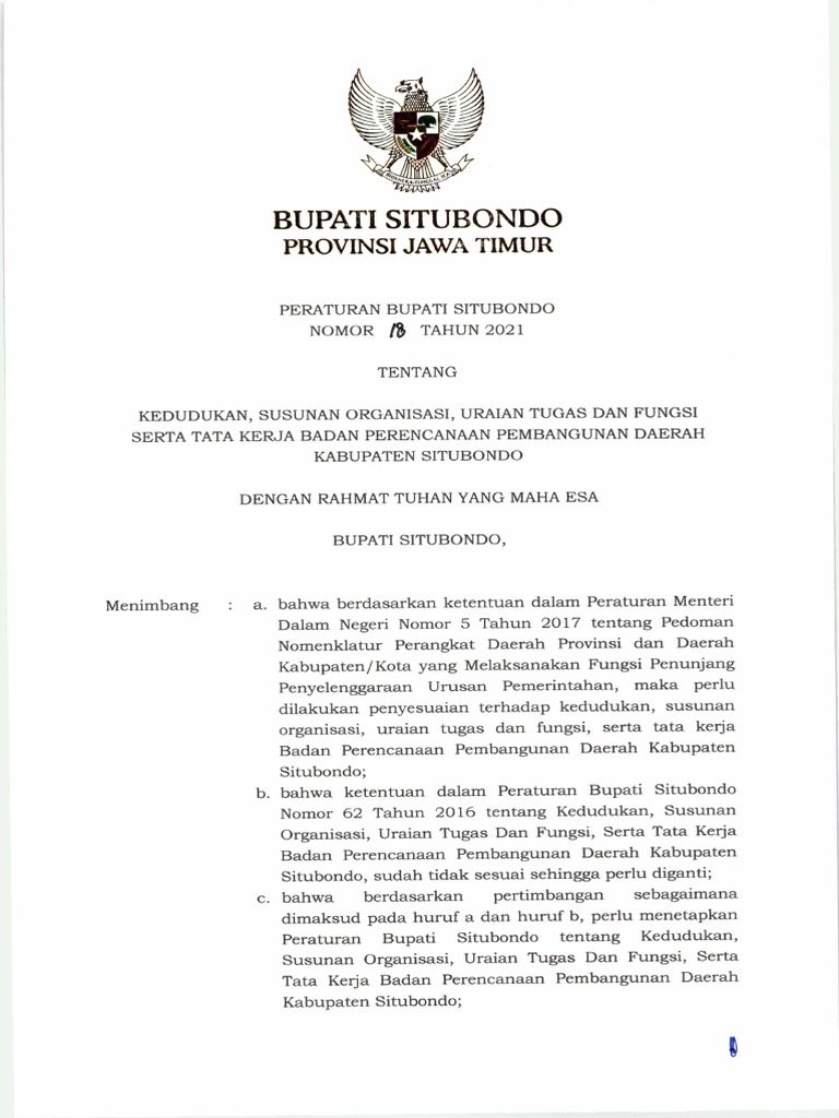 Perbup Nomor 18 Tahun 2021 - Sotk Bappeda | PDF